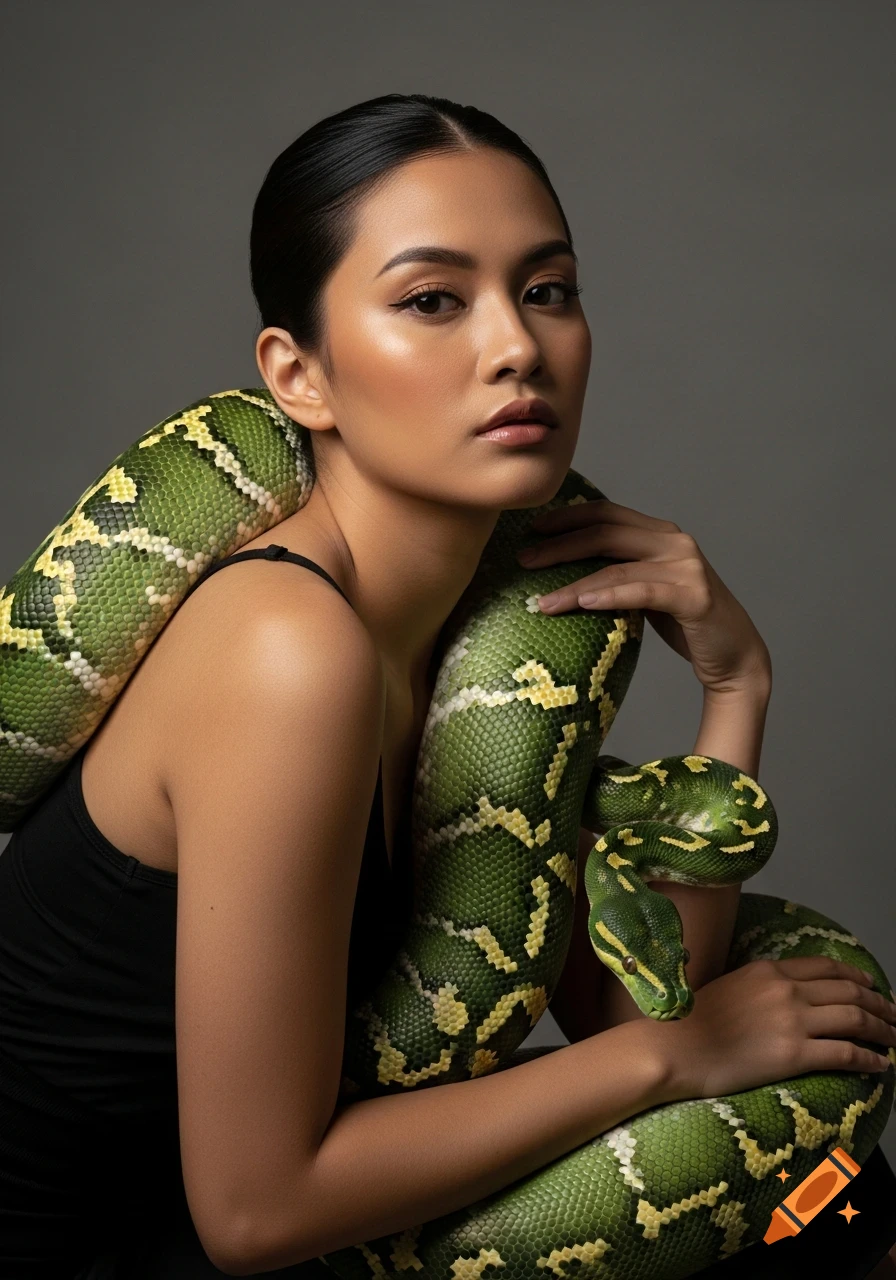 A woman with her hair pulled back poses with a large green and yellow ...