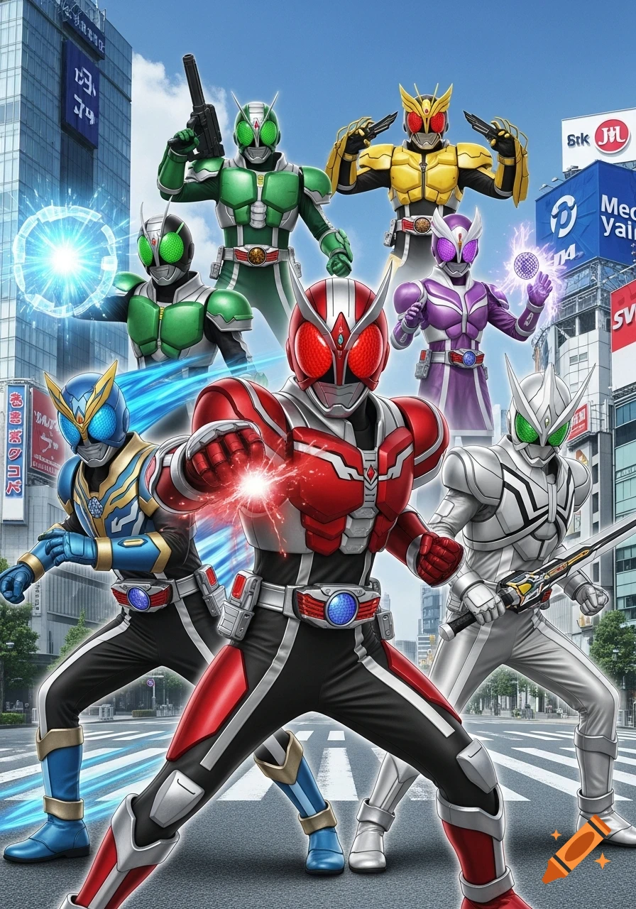 A group of six colorful armored tokusatsu heroes with insect-like ...