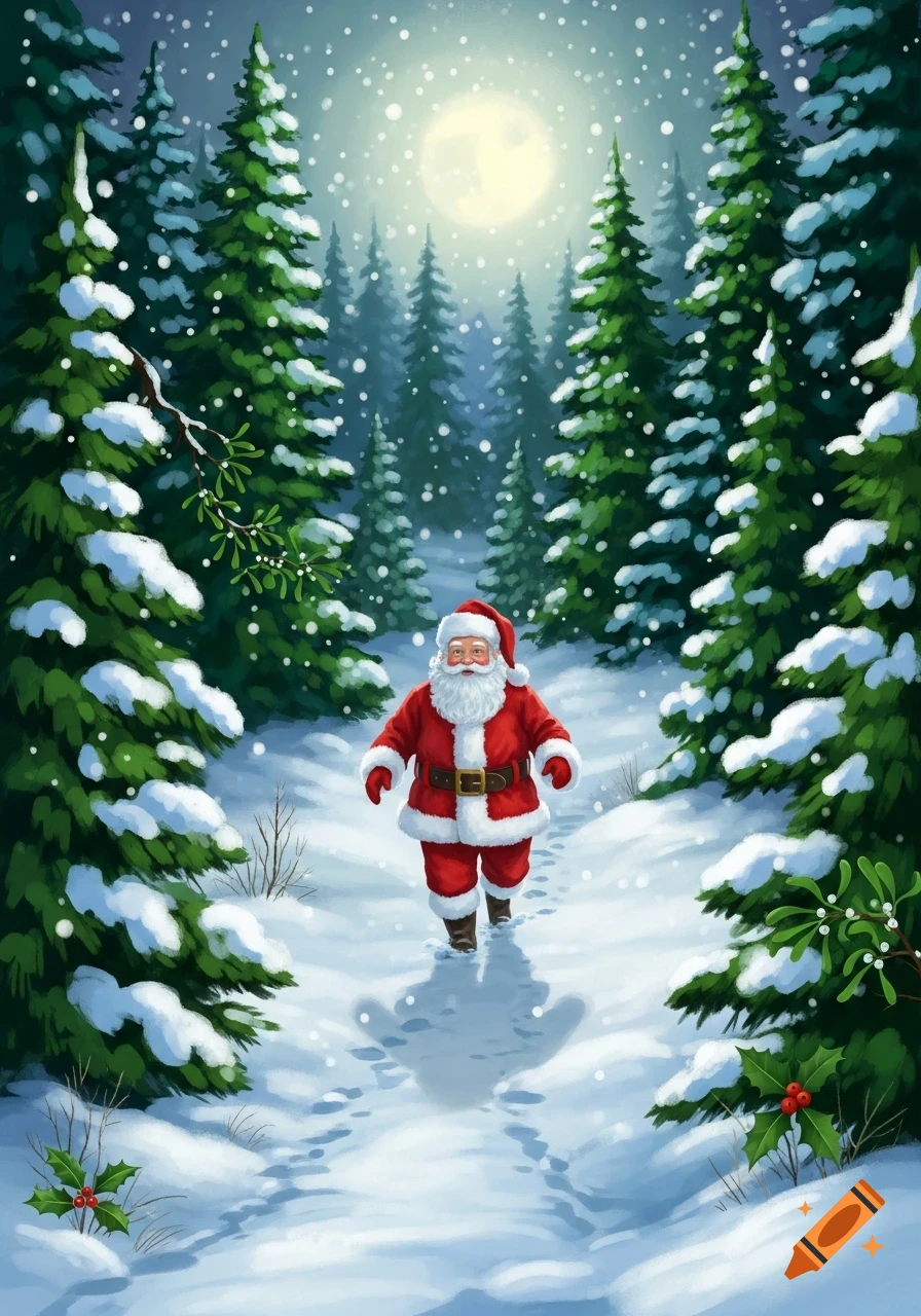 Santa Claus walks through a snow-covered forest under a full moon with ...