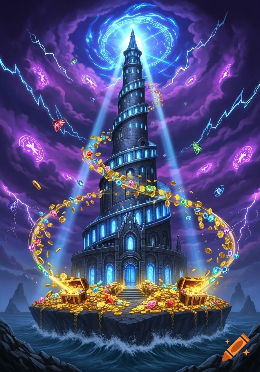 A vibrant fantasy artwork of a tall, dark wizard tower with a spiraling ...