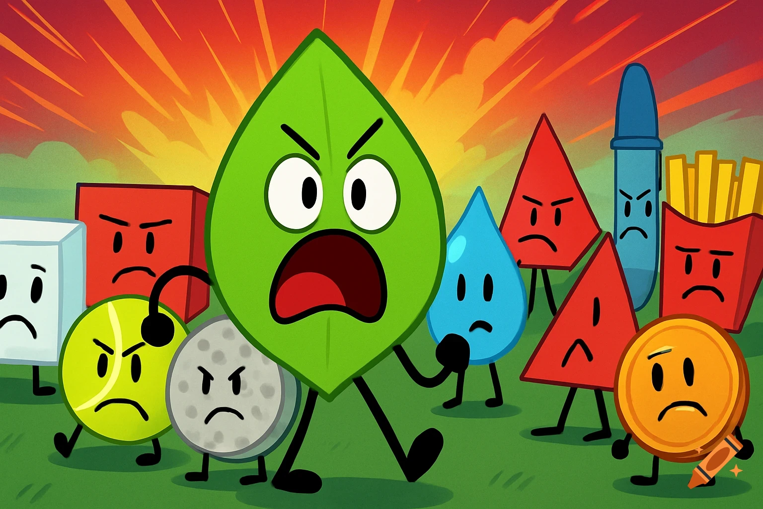 A group of angry, anthropomorphic object characters including a ...