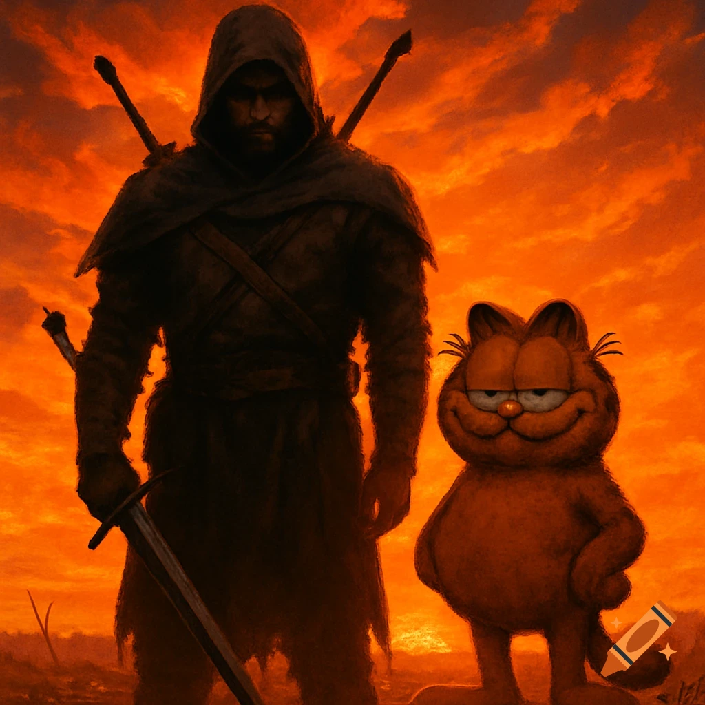 A hooded warrior with swords and Garfield stand triumphantly against an ...