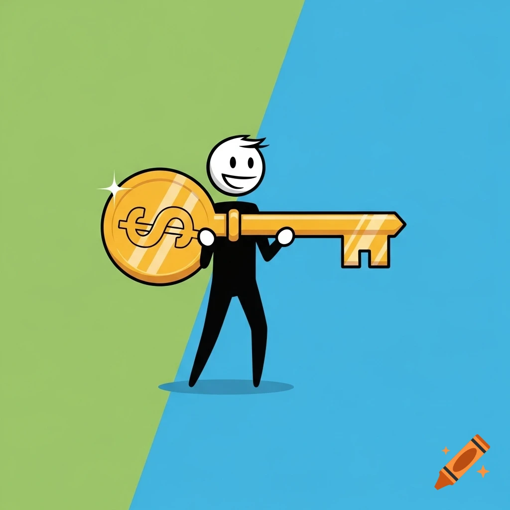 A minimalist 2D stick figure holds a large golden key with a dollar ...