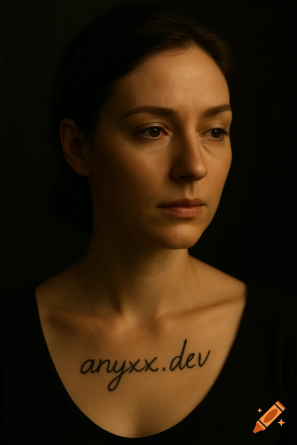 Close-up portrait of a woman in low-key cinematic lighting with "anyxx ...