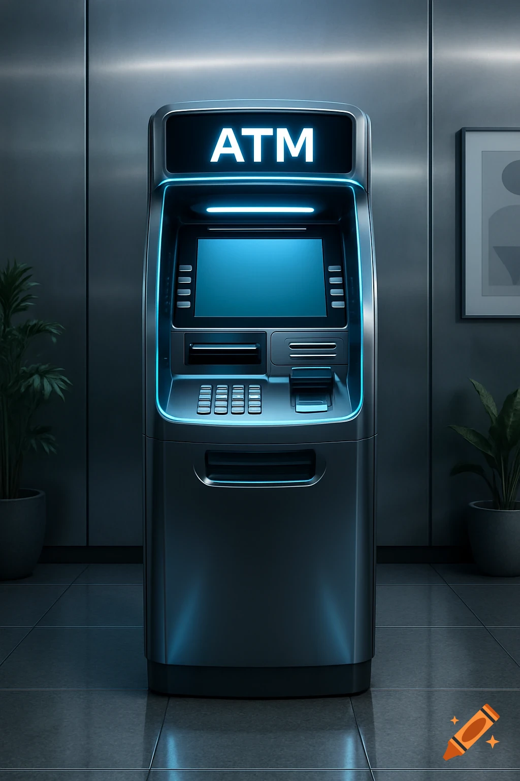A front-on view of a modern ATM with blue neon lights in a dark, sleek ...