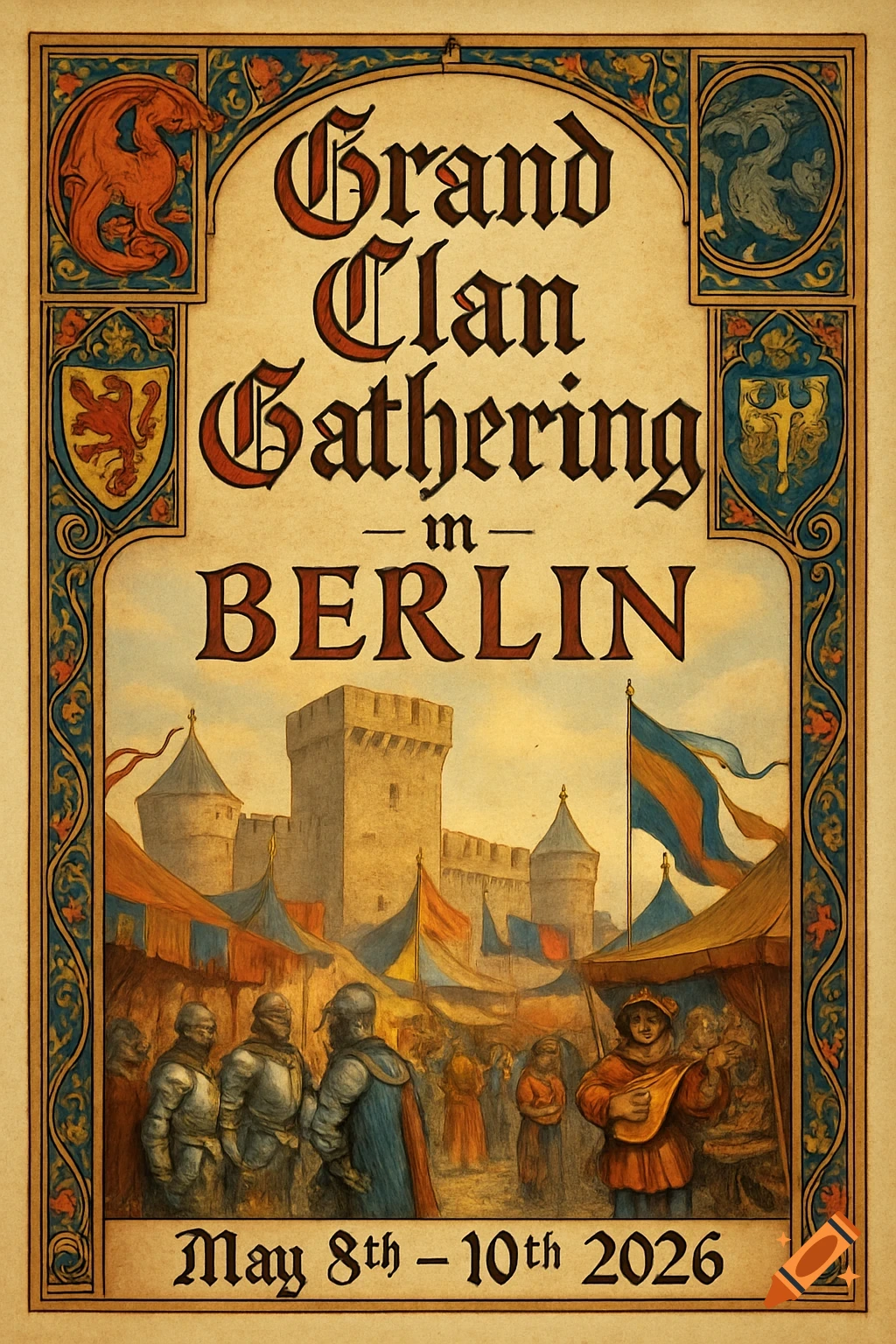 Medieval flyer with ornate border, a castle, market scene, and text ...