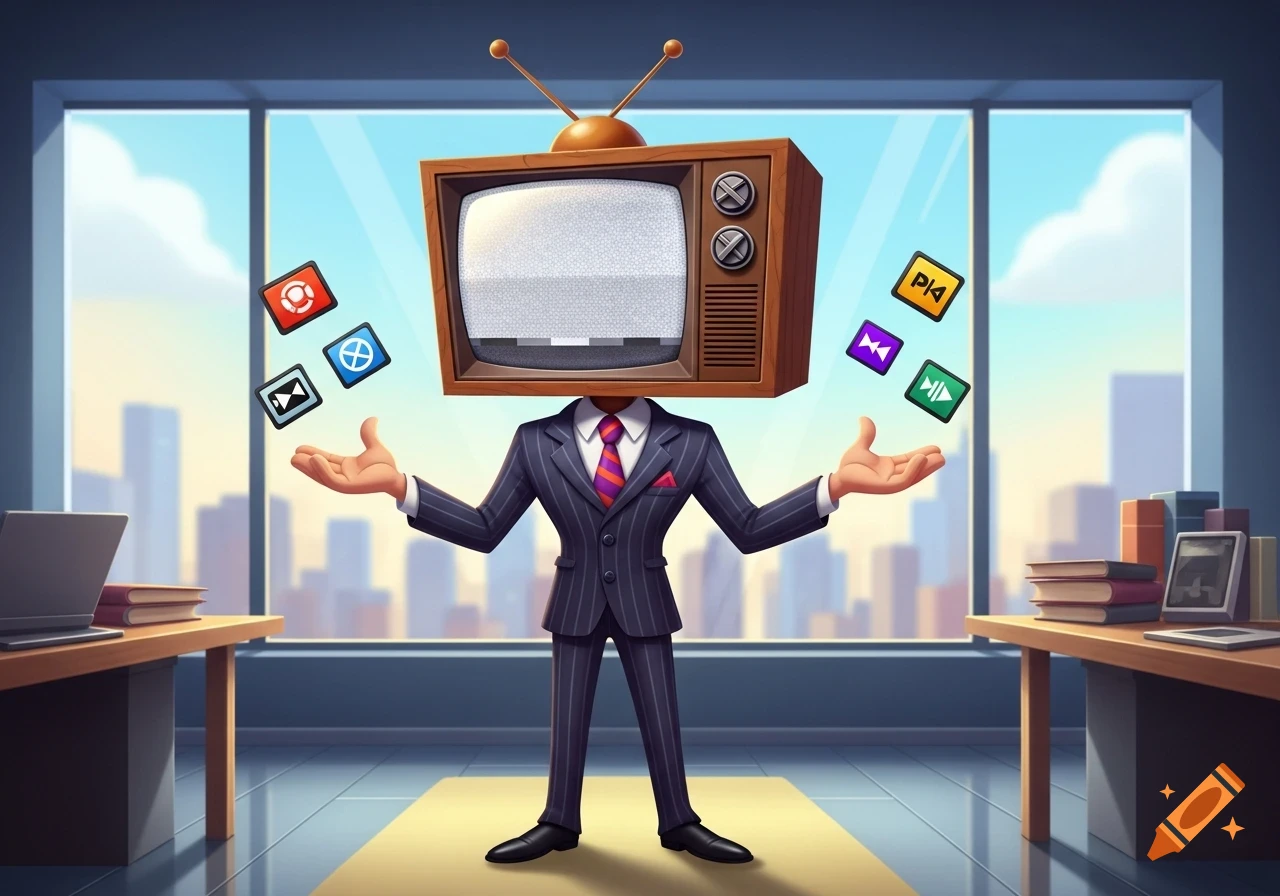 A cartoon network executive with a retro television for a head juggles ...