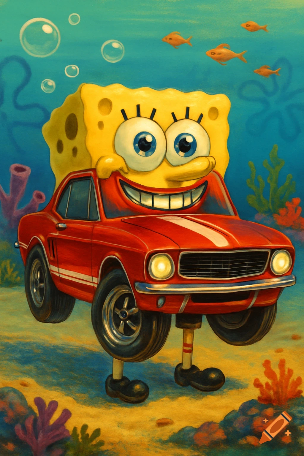 Spongebob with a wide smile, as a red classic car with big eyes and ...