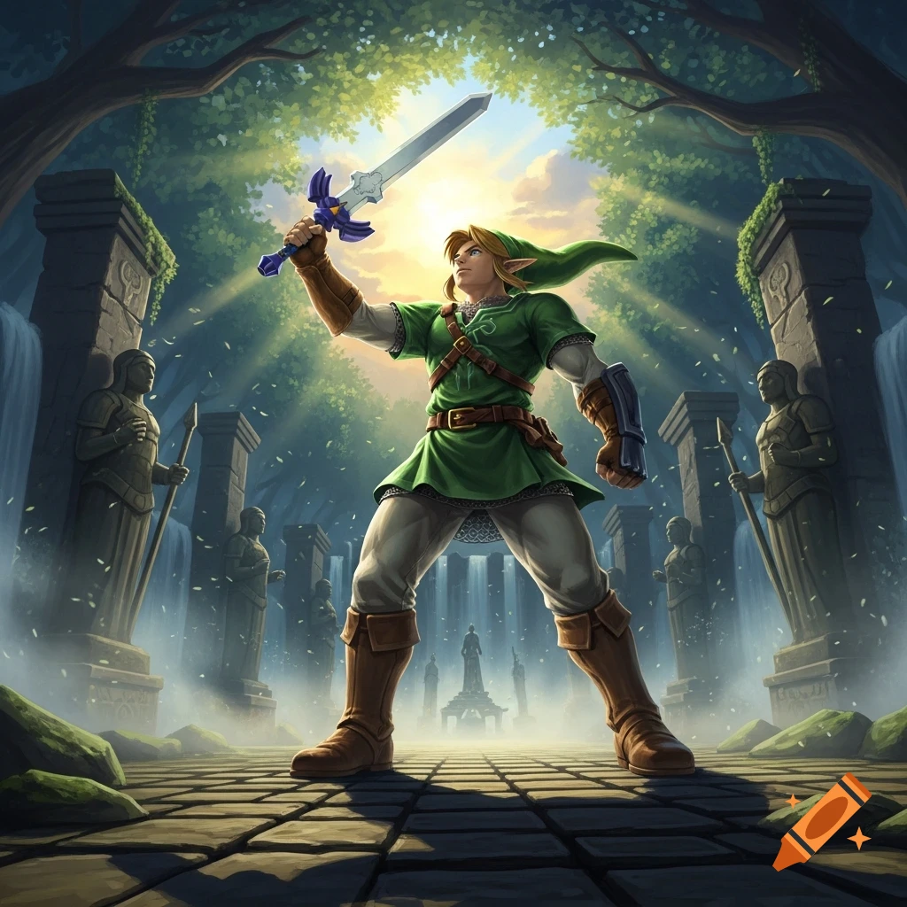 Link from The Legend of Zelda, buff and muscular, holds the Master ...