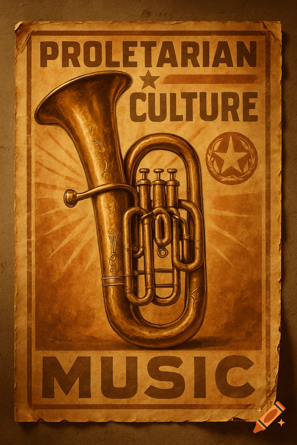 A vintage propaganda poster in sepia tones depicts a euphonium with ...