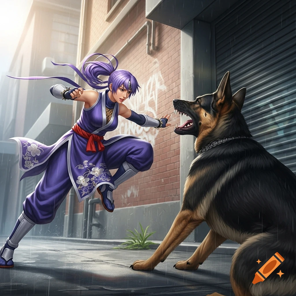 A purple-clad ninja, Ayane, crouches in a rainy alley, facing an ...