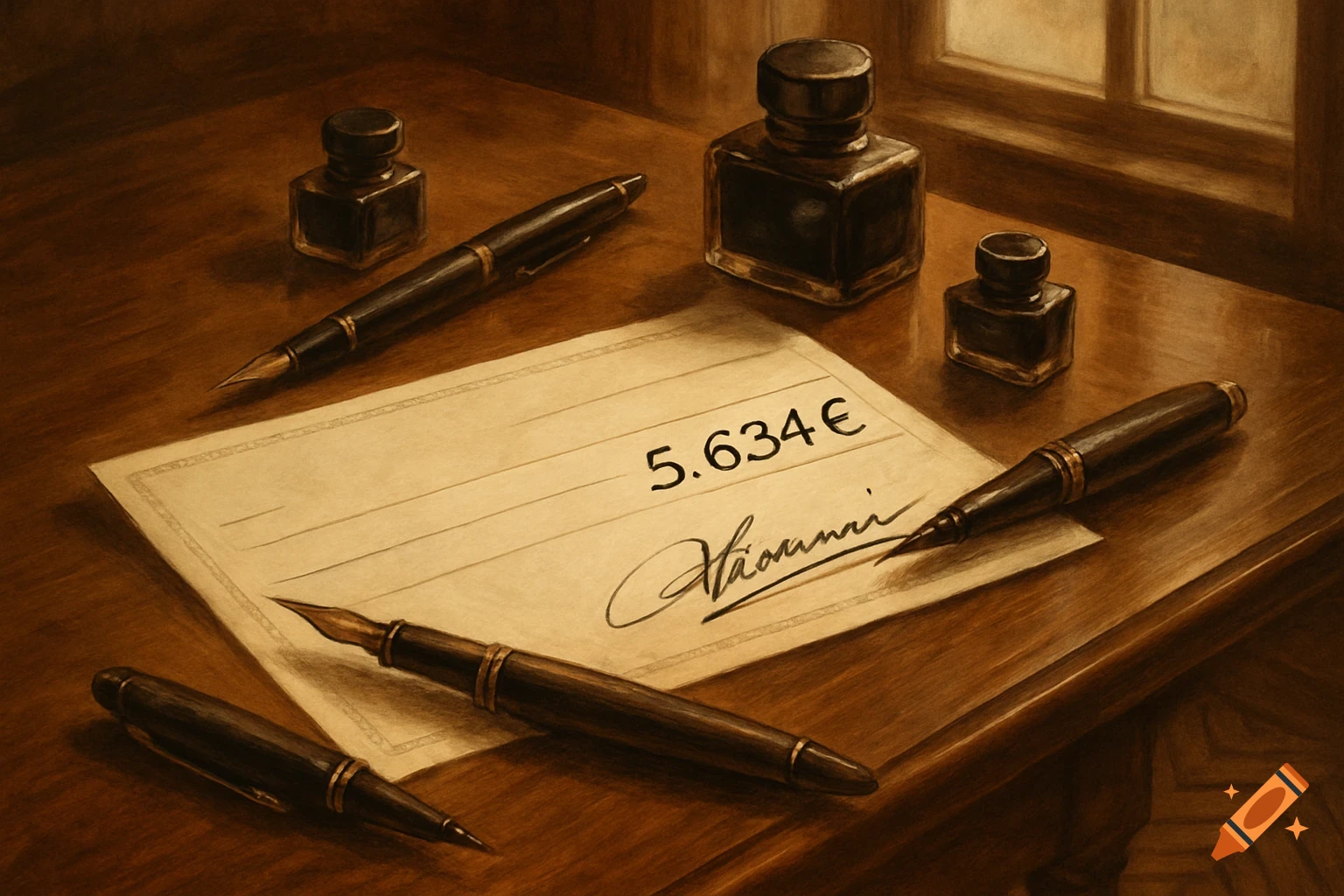 An old-fashioned still life painting shows three ink pens and three ink ...