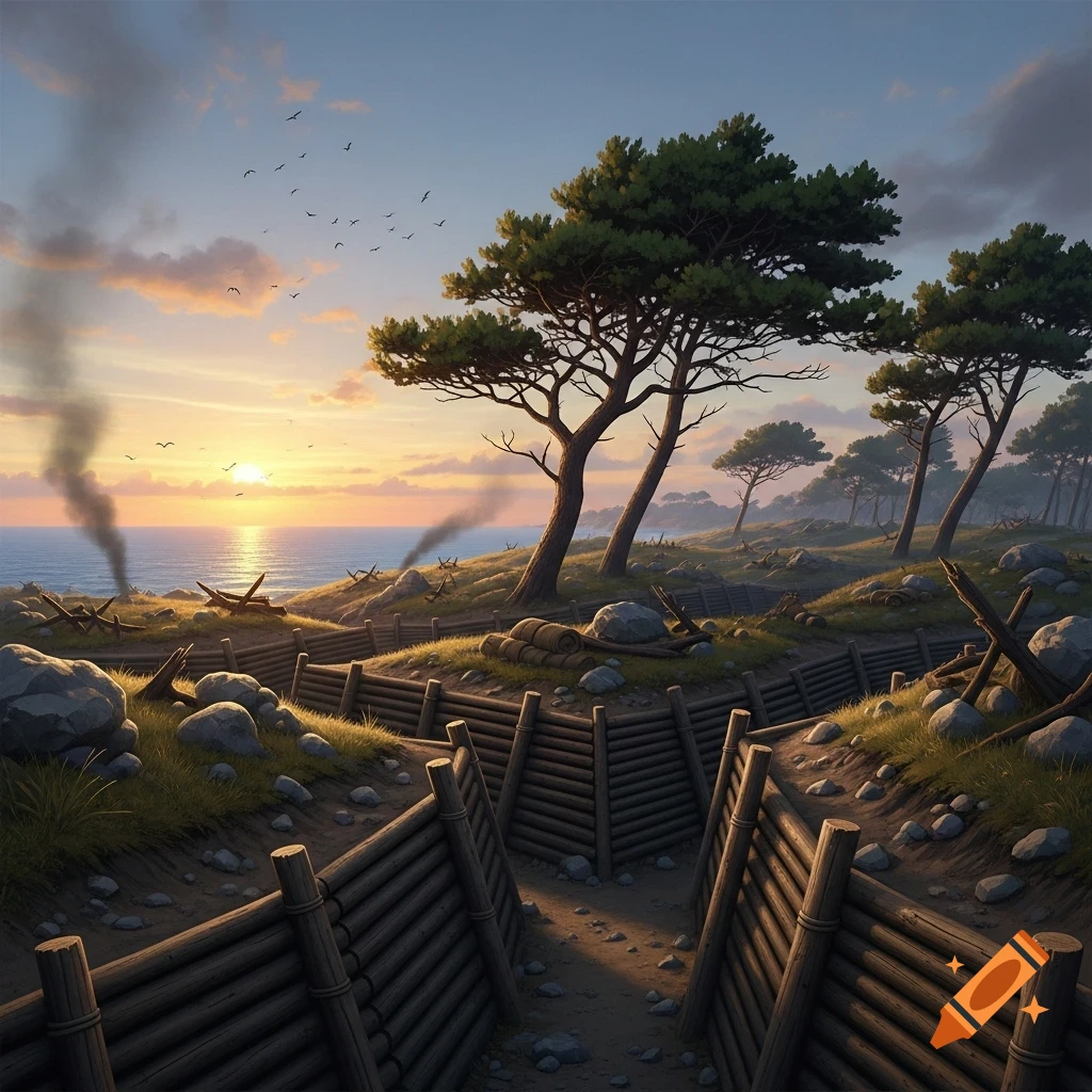 WWI trenches winding through a coastal landscape with pine trees, ocean ...