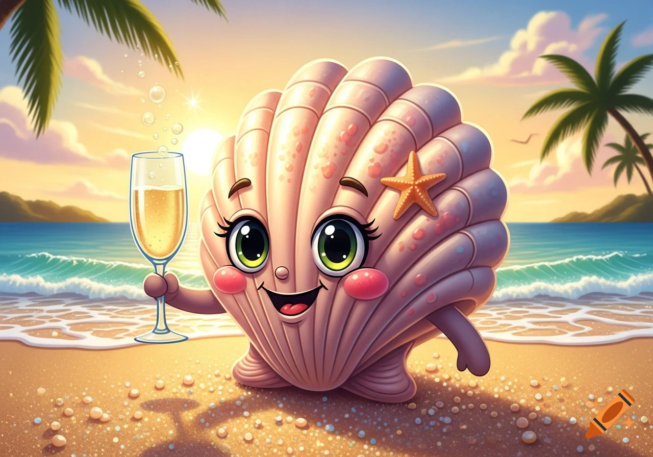A cute cartoon seashell character with big eyes smiles on a beach at ...