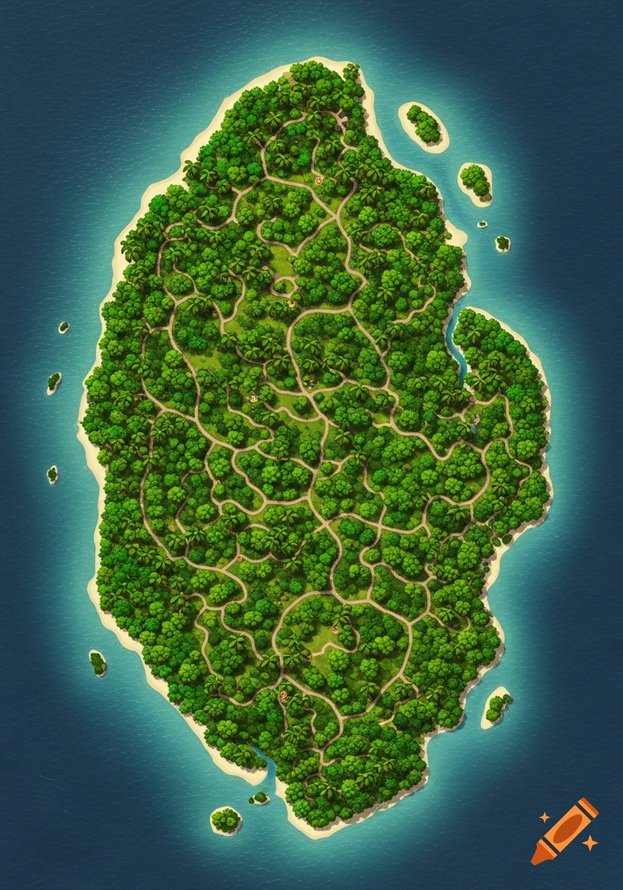 Top-down map of a lush green tropical island with winding paths and ...