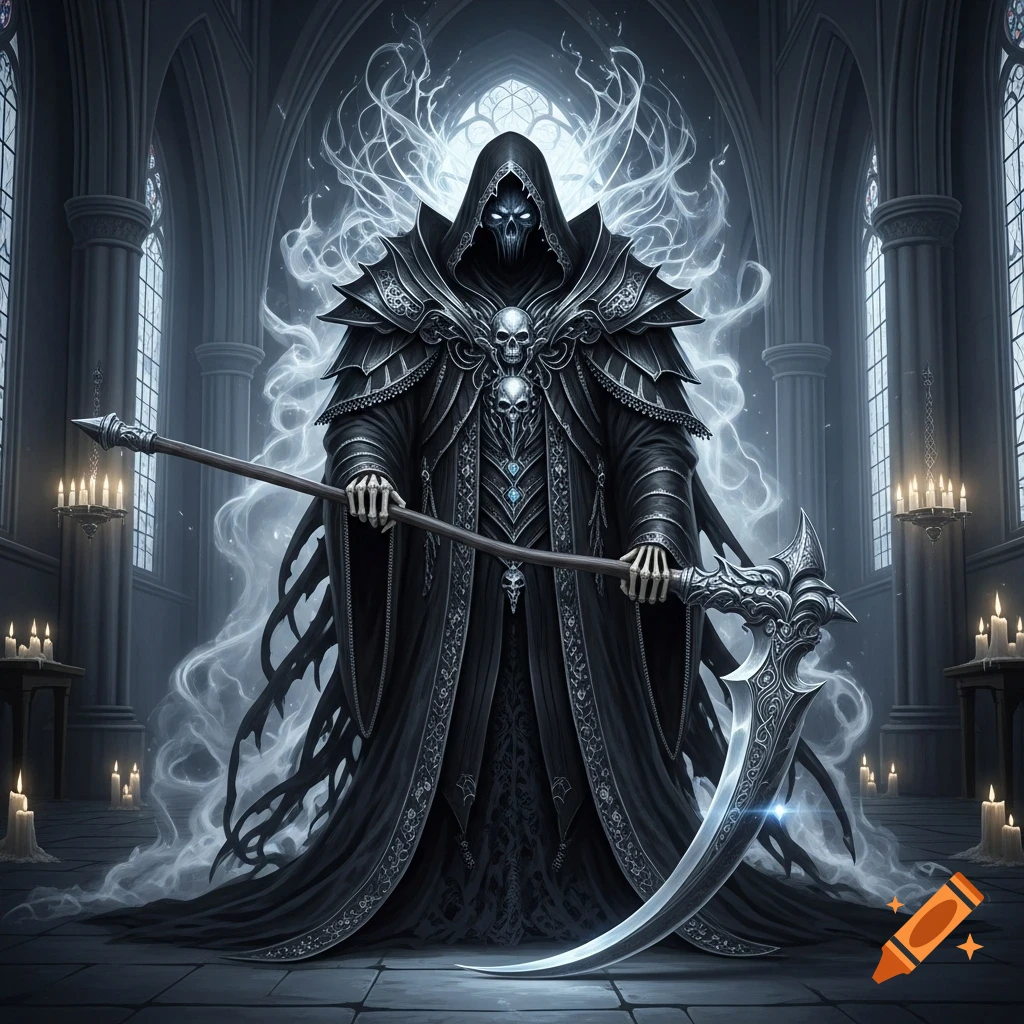 A detailed Grim Reaper in black robes and ornate armor stands in a dark ...