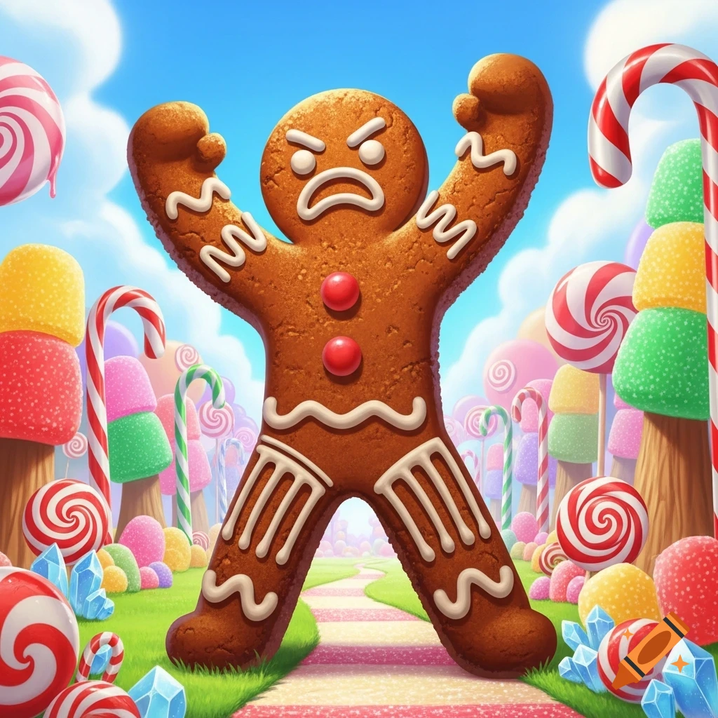 An angry man-sized gingerbread man with his hands raised, standing on a ...