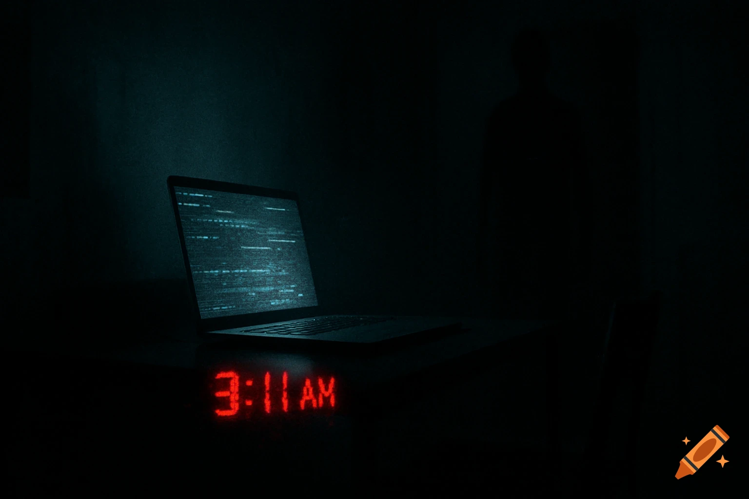 A dark room with a laptop displaying digital glitches and glowing red ...