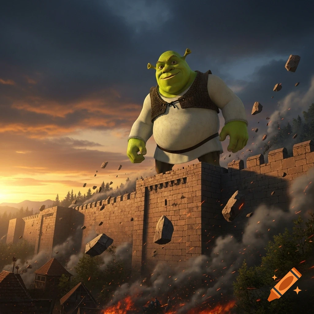 A giant Shrek stands atop a collapsing stone wall, with fire burning ...