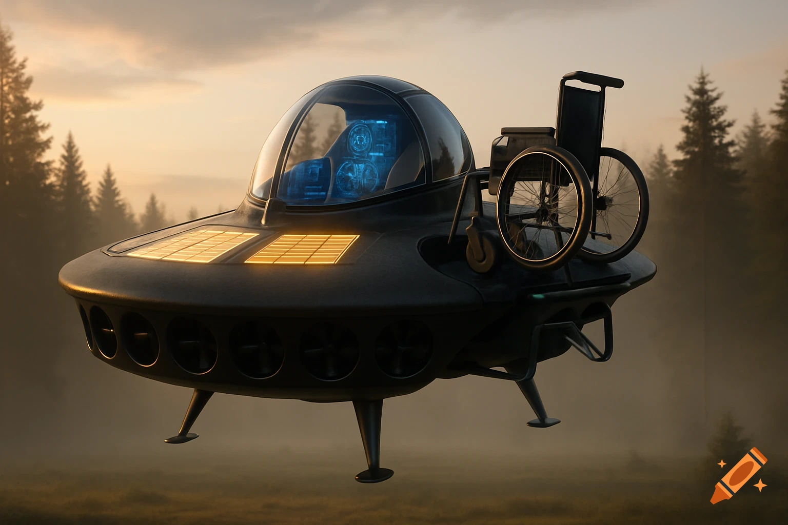 A futuristic black disc-shaped VTOL aircraft with glowing solar panels ...
