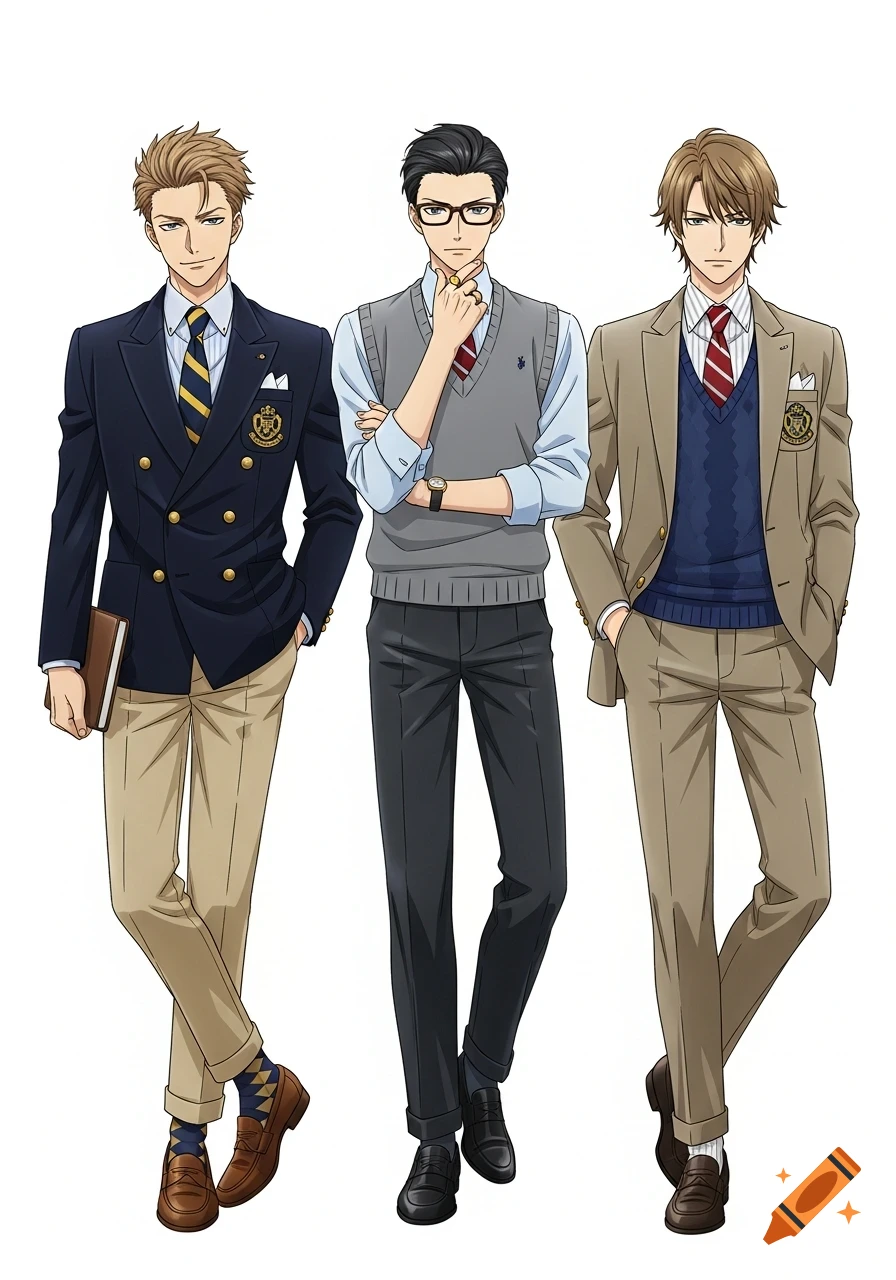 Three anime-style male characters in preppy outfits stand against a ...