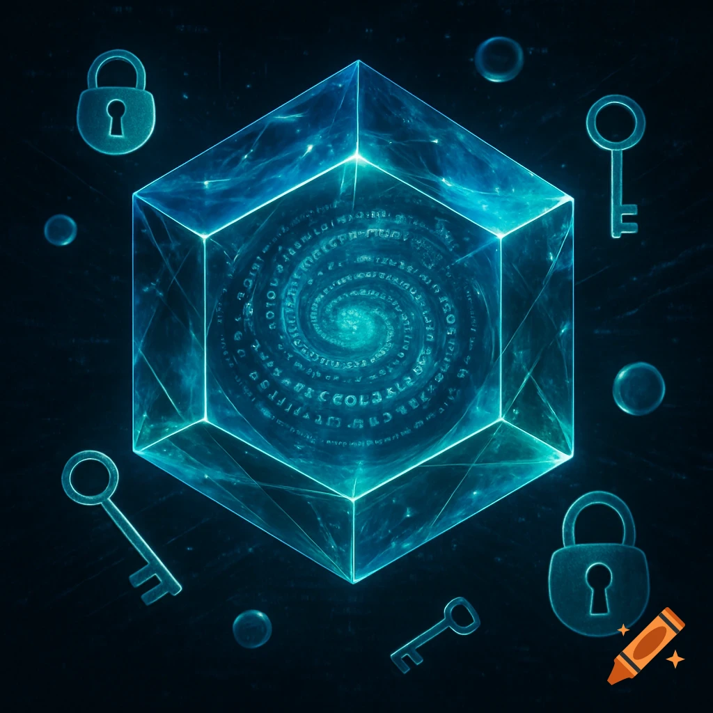 A glowing blue crystal hexagonal cube with a spiraling pattern, surrounded by floating keys and ...