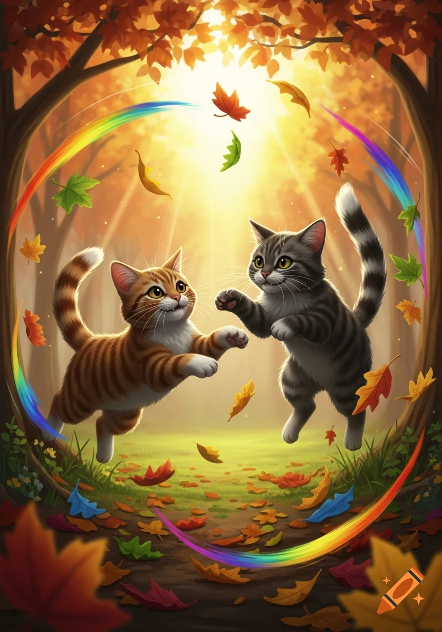 Two cartoon cats pounce amidst falling autumn leaves and rainbow arcs ...