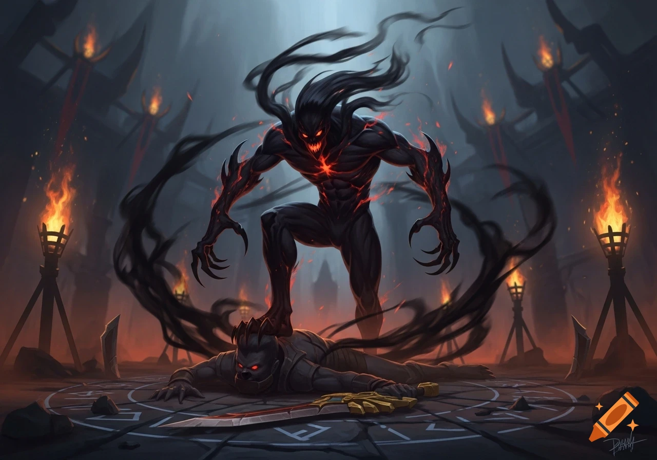 Dark fantasy art of a monstrous shadow creature with glowing red eyes ...
