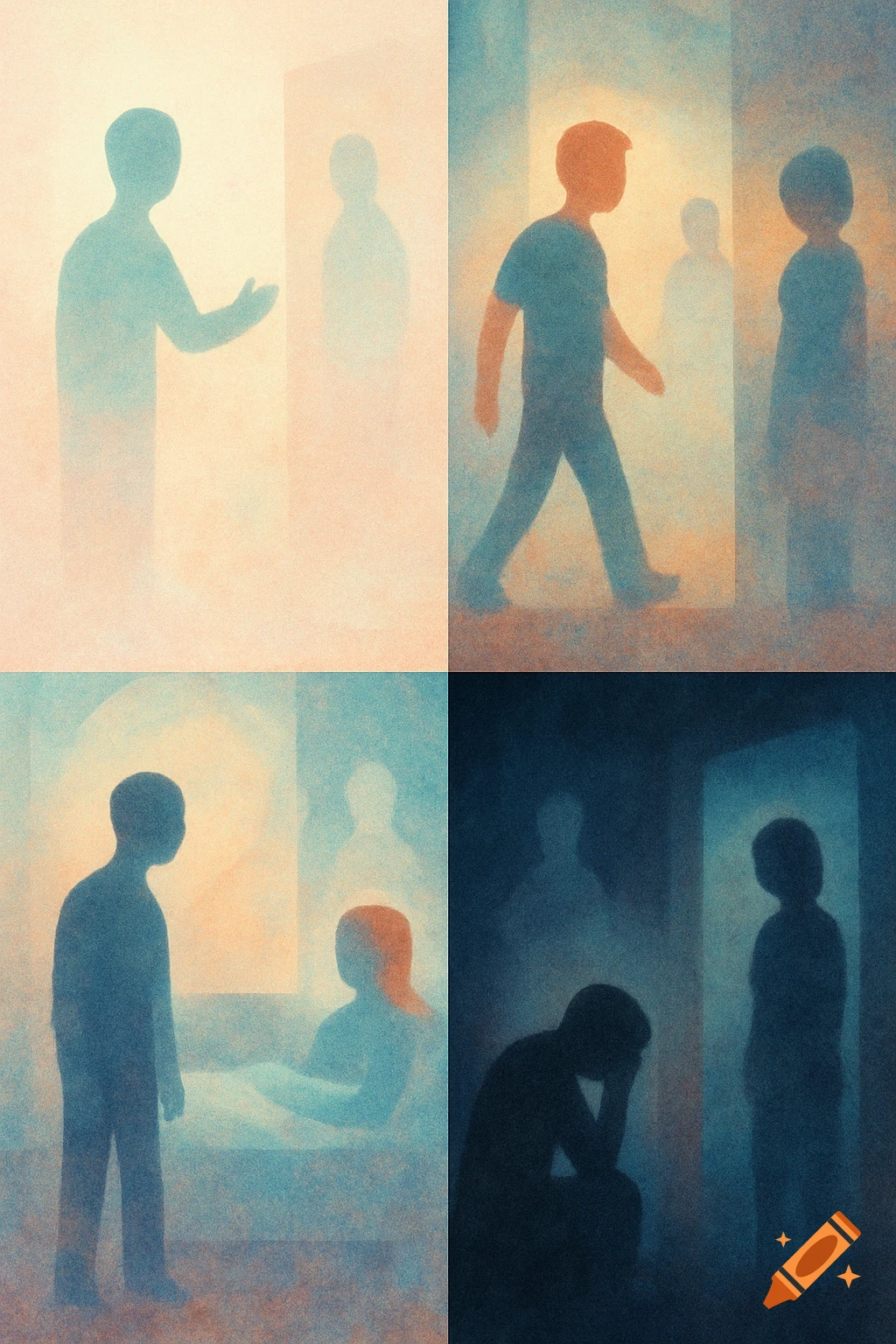 Stylized four-panel comic depicting abstract human figures in a grainy ...