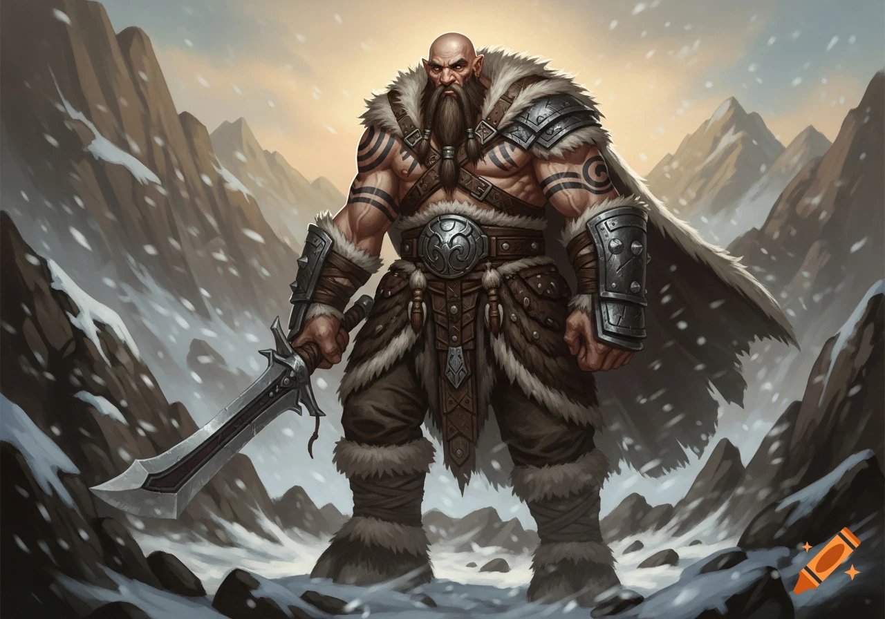 A bald, muscular D&D goliath warrior with a beard and tribal tattoos ...