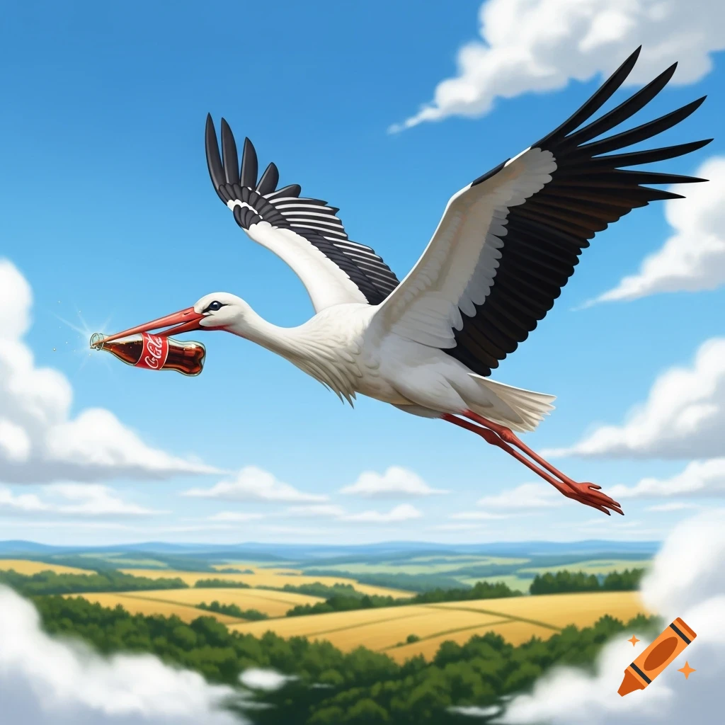 A white stork with black wingtips flies through a blue sky with clouds ...