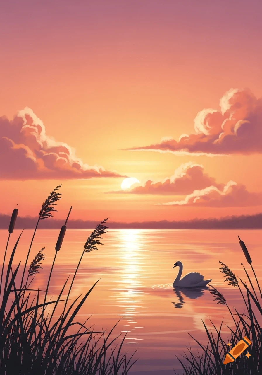 Illustrated sunset lake scene with a white swan, silhouetted reeds, and ...