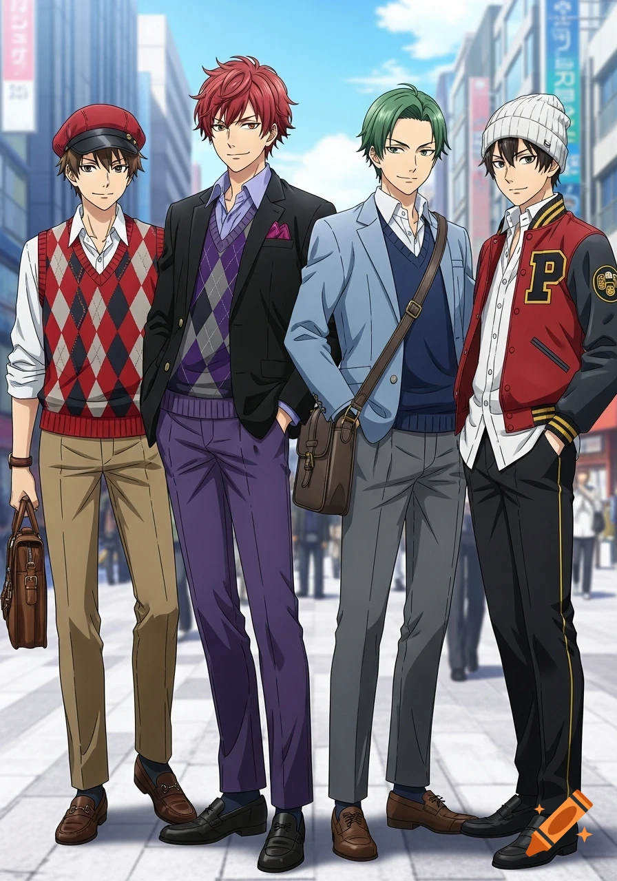 Four preppy male anime characters in different stylish outfits stand on ...