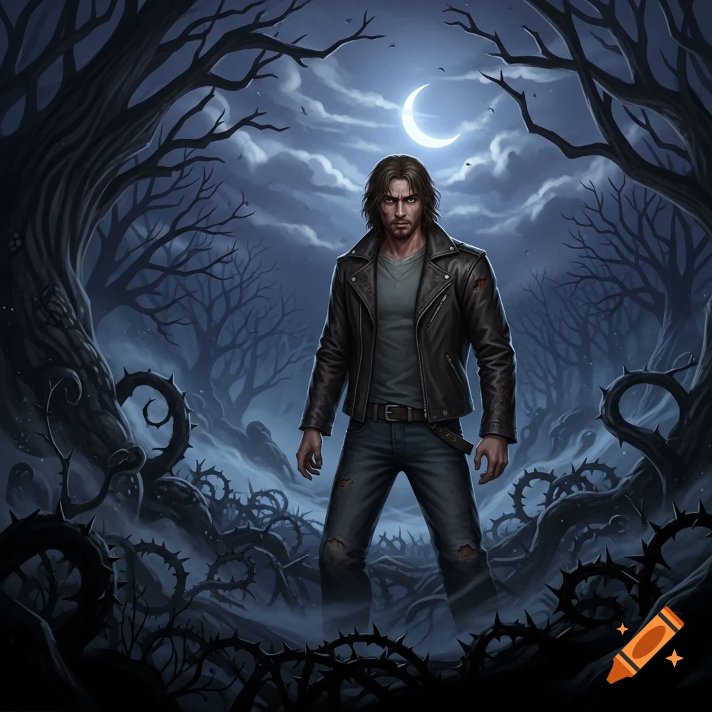 A brooding man with long brown hair in a leather jacket stands in a ...