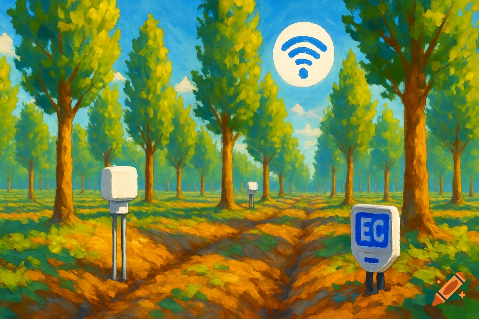 A path through a green forest with a large WiFi symbol in the sky and ...