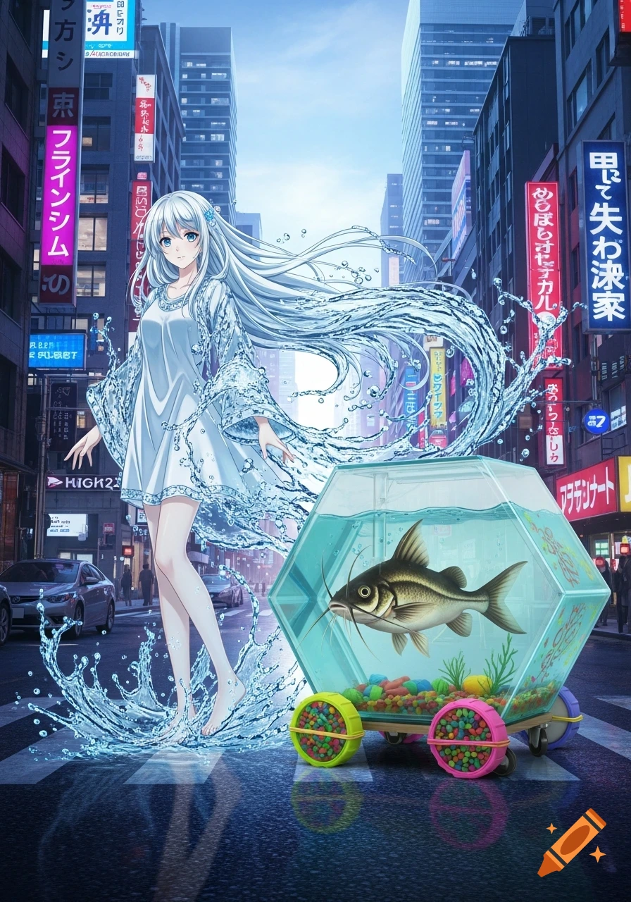 An anime girl with long white hair and water powers stands on a city ...