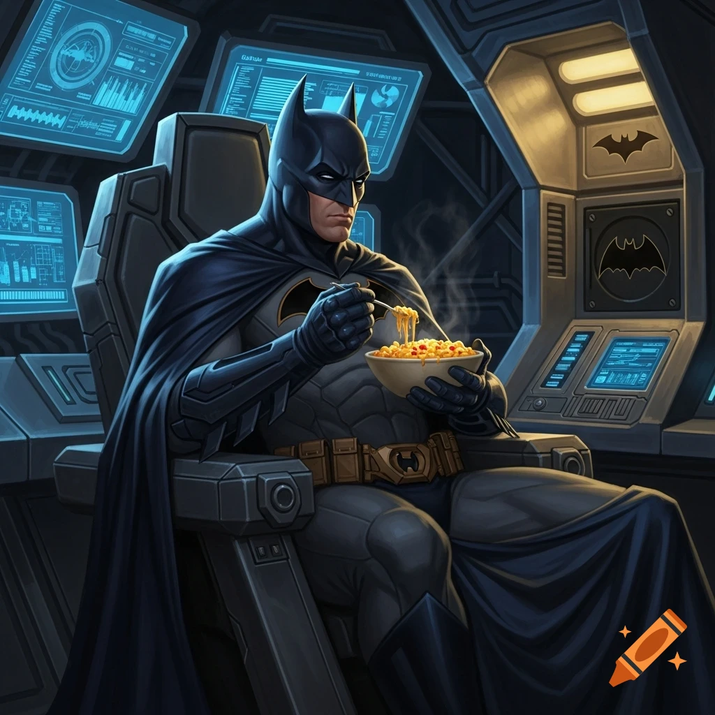 Batman in his suit eating mac and cheese from a bowl while sitting in a ...