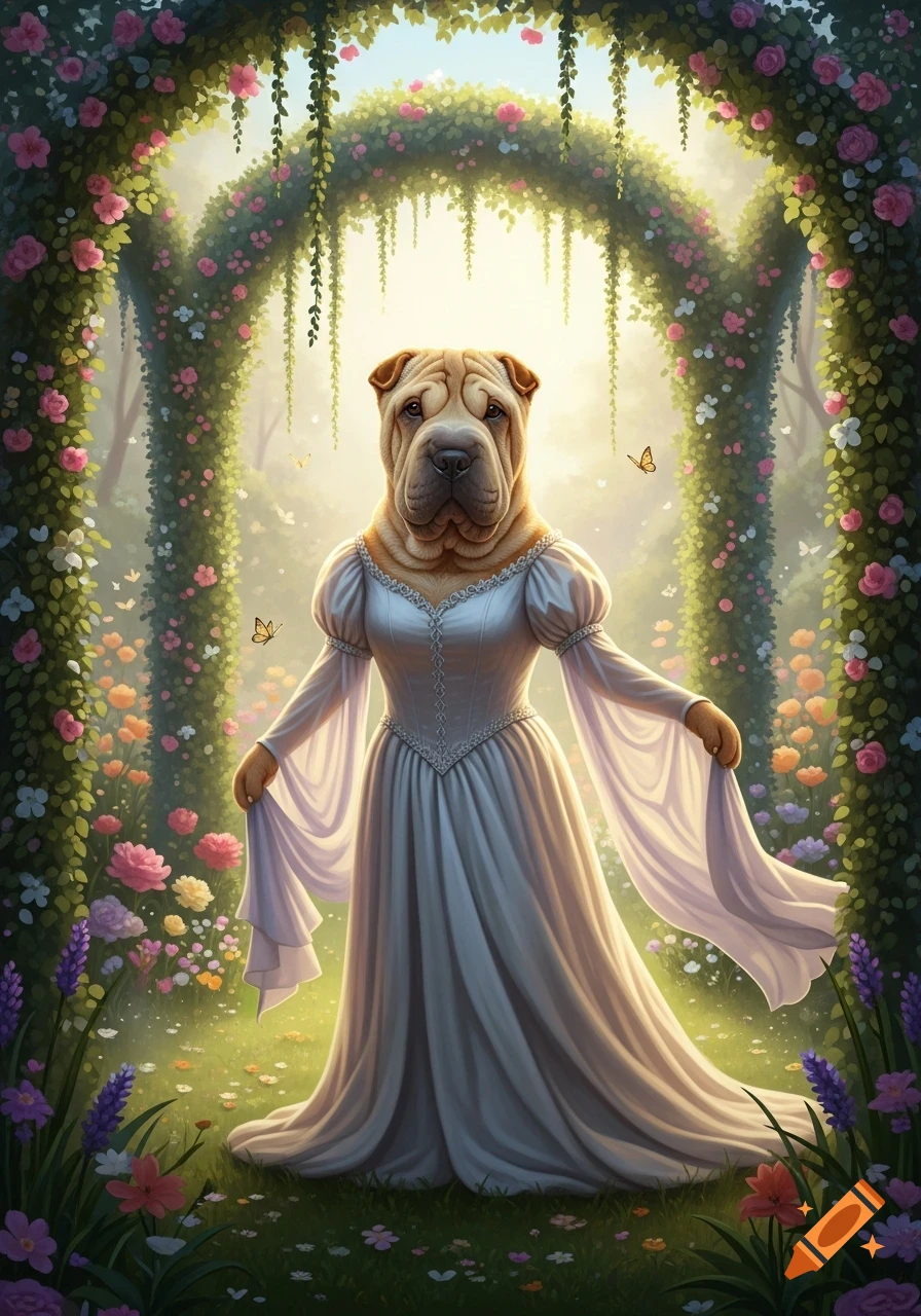 A Shar Pei dog's head on a body wearing a white princess gown, standing ...
