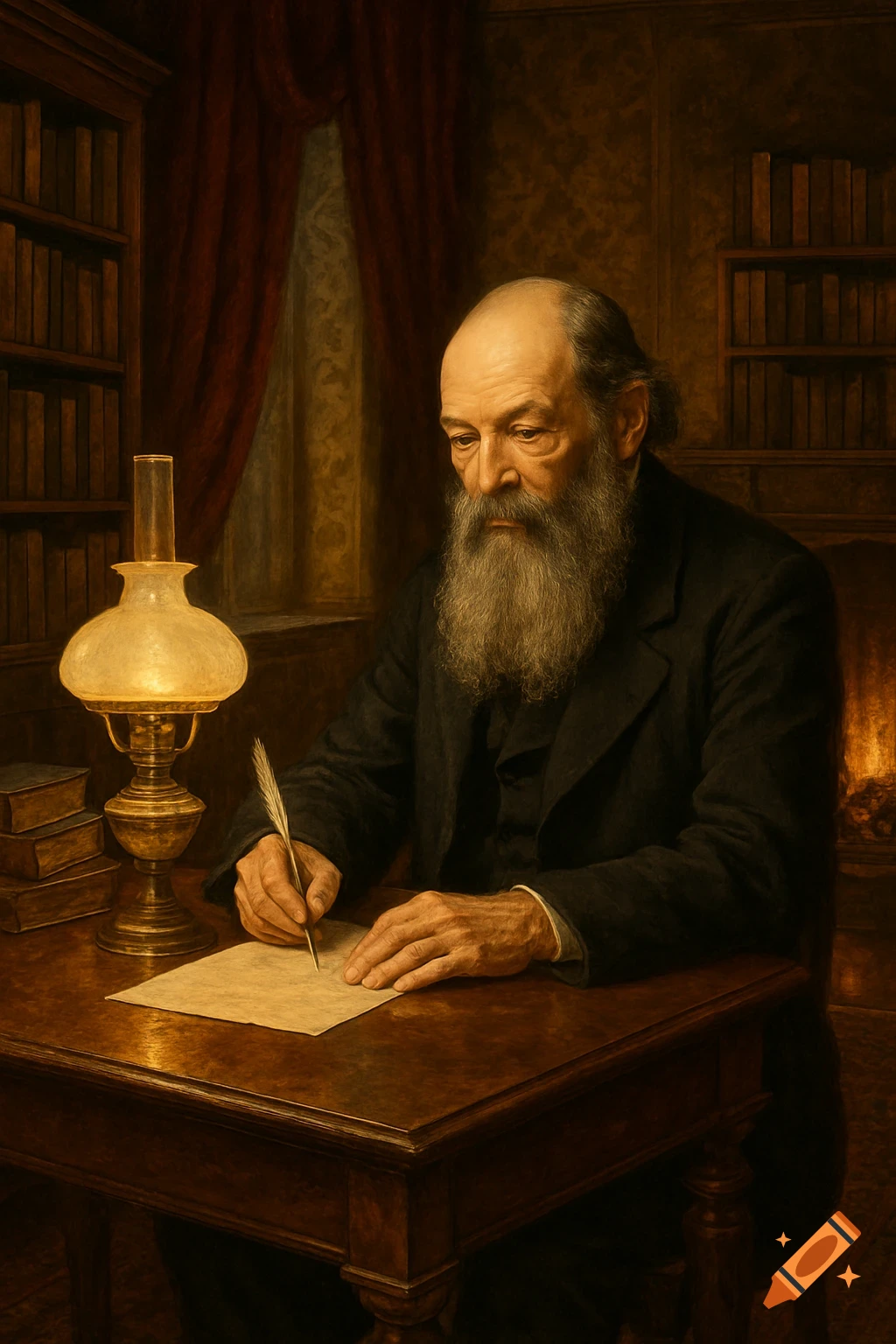 An oil painting of a bearded man writing with a quill pen at a desk in ...