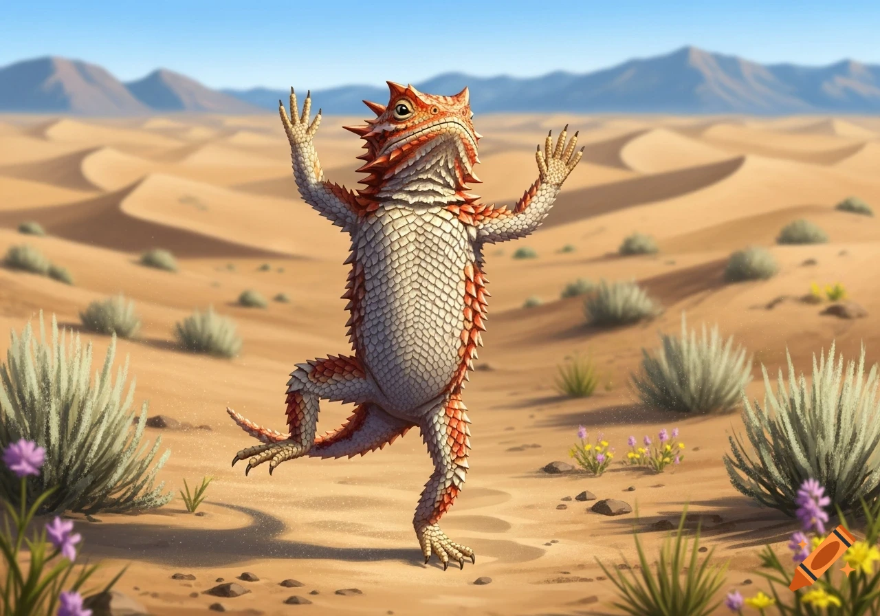 A horned lizard stands on one leg in a desert, with its front limbs ...