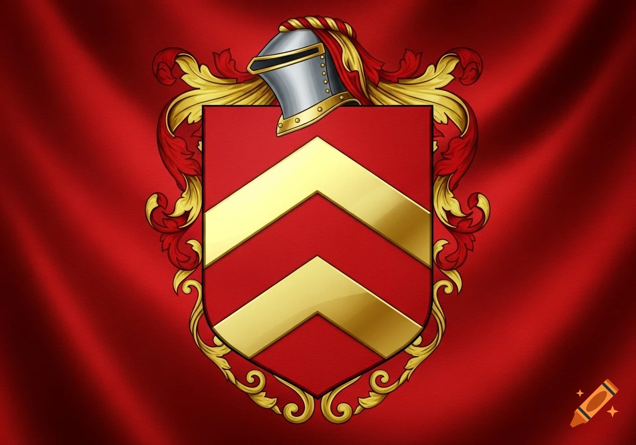 A heraldic coat of arms featuring a red shield with two gold chevrons ...