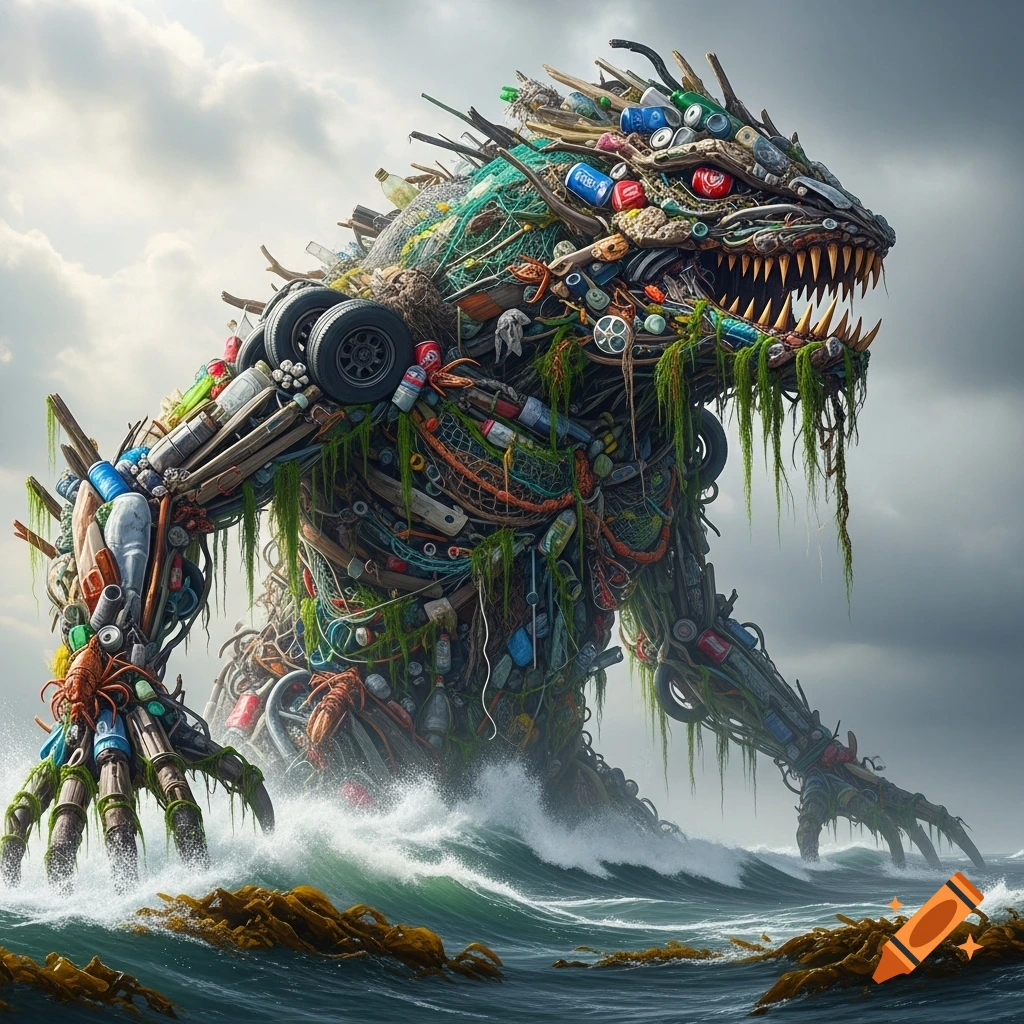 A massive, fearsome monster made of trash, plastic bottles, tires, and ...