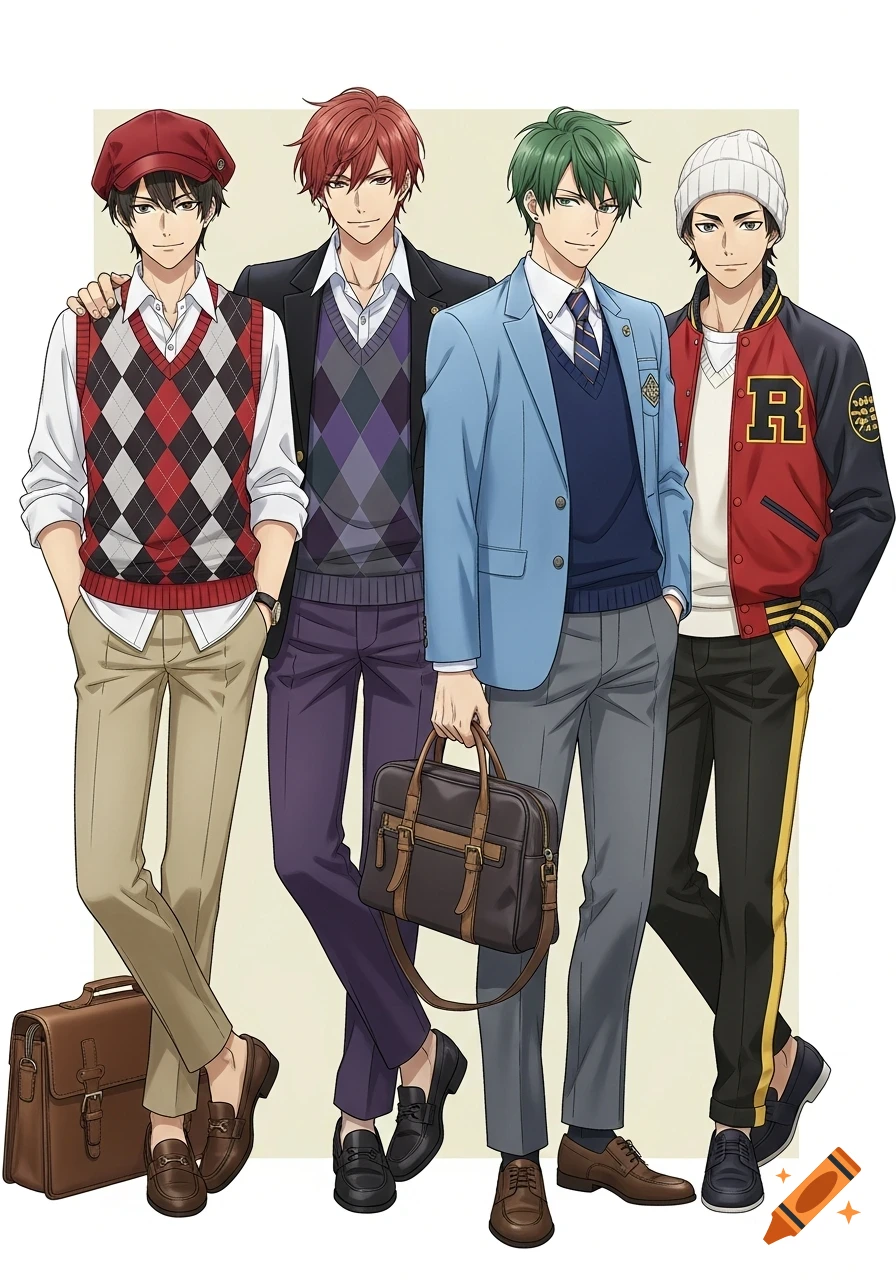 Four anime teenage boys in stylish, preppy outfits, each with different ...