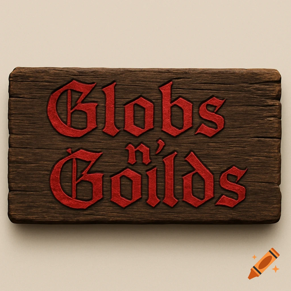 A rustic medieval wooden sign with the words Globs n' Golds carved and ...
