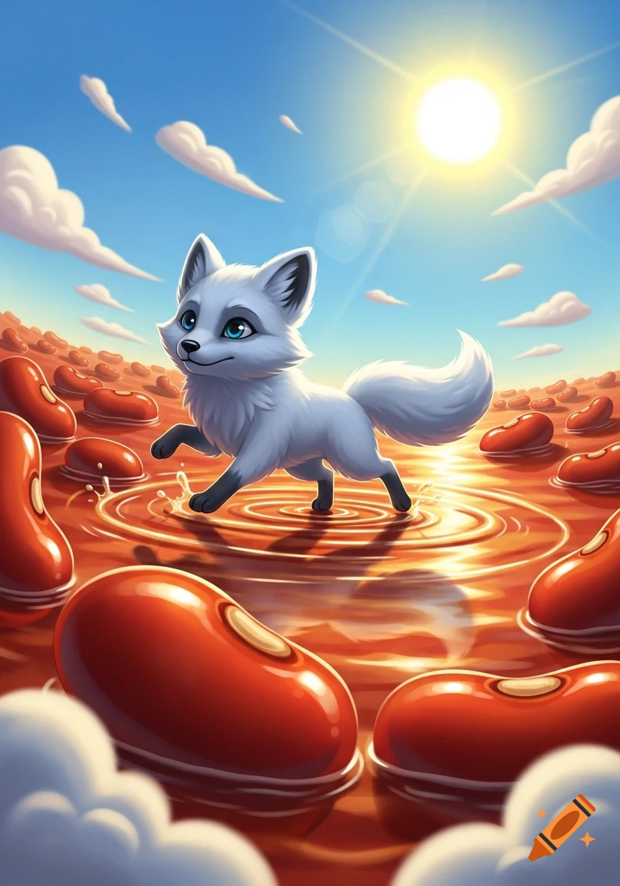 An animated white arctic fox with blue eyes runs across a reflective ...