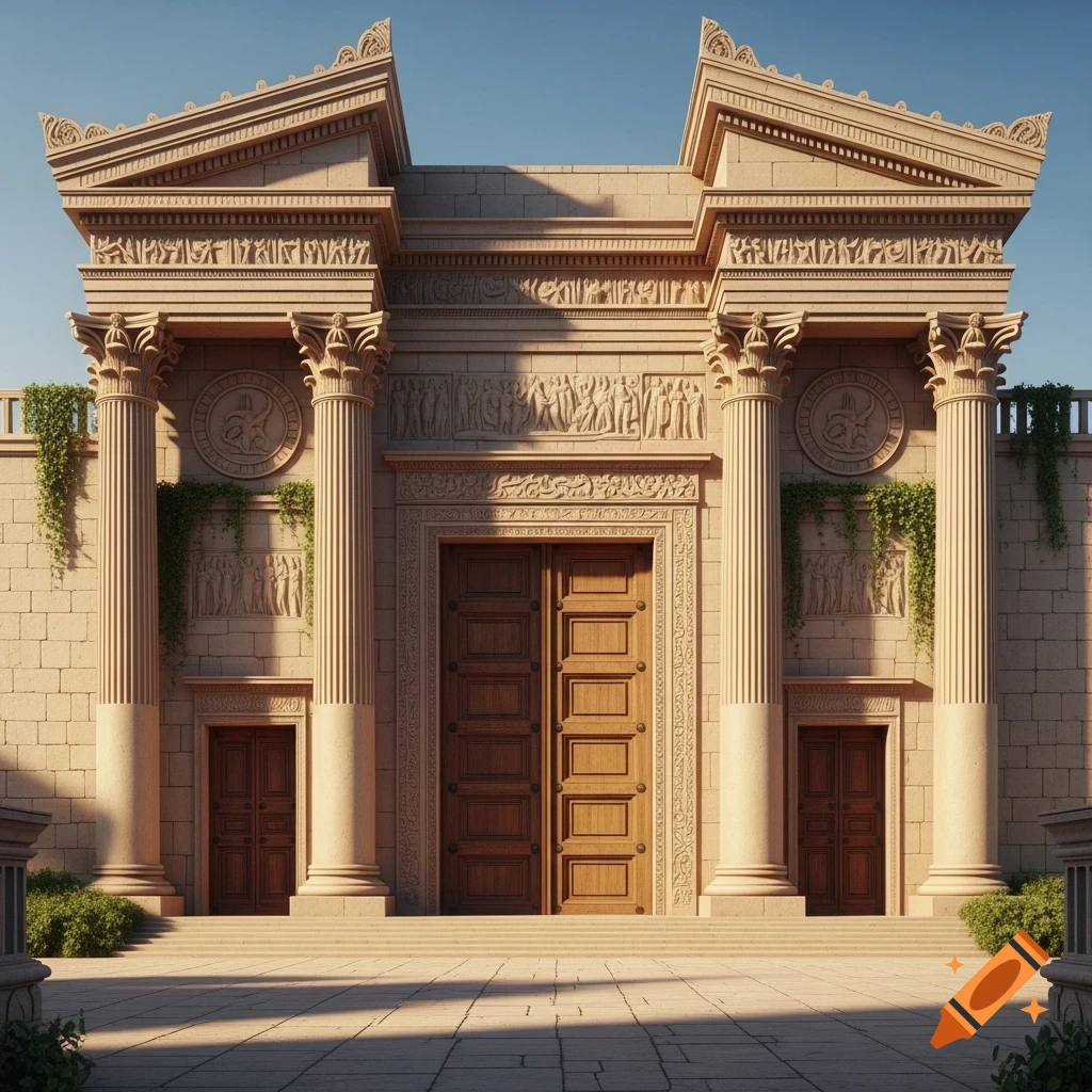 Grand stone facade of an ancient palace with large wooden doors, ornate ...
