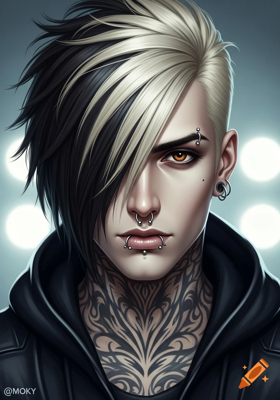 Close-up portrait of an emo man with black and blonde hair, amber eyes ...