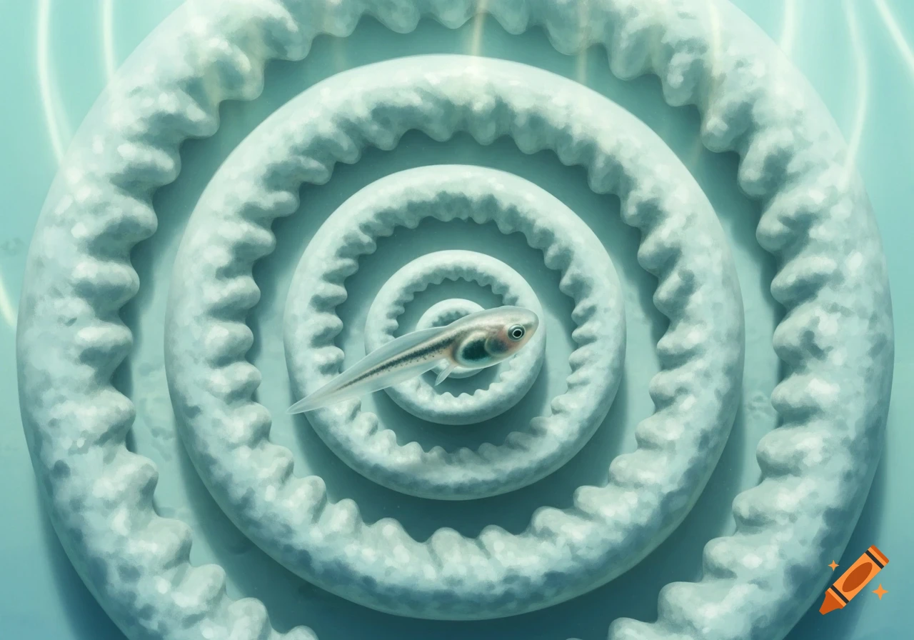 A translucent tadpole swims at the center of a light blue, textured ...