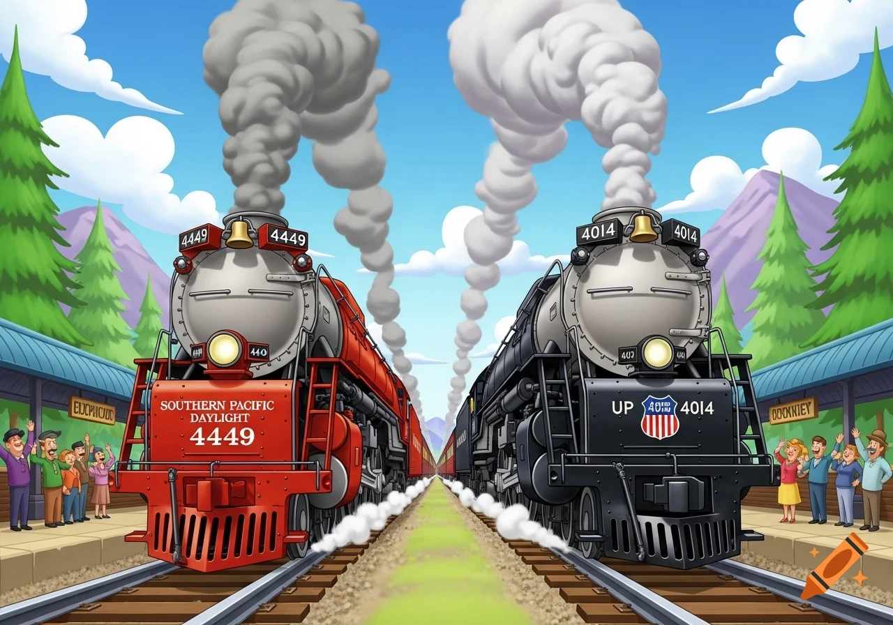 Two cartoon steam locomotives, red Southern Pacific 4449 and black ...
