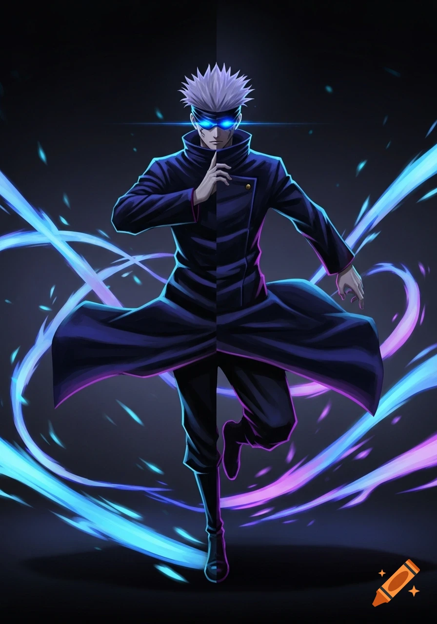 Anime character Gojo Satoru in a dynamic pose, split vertically with ...